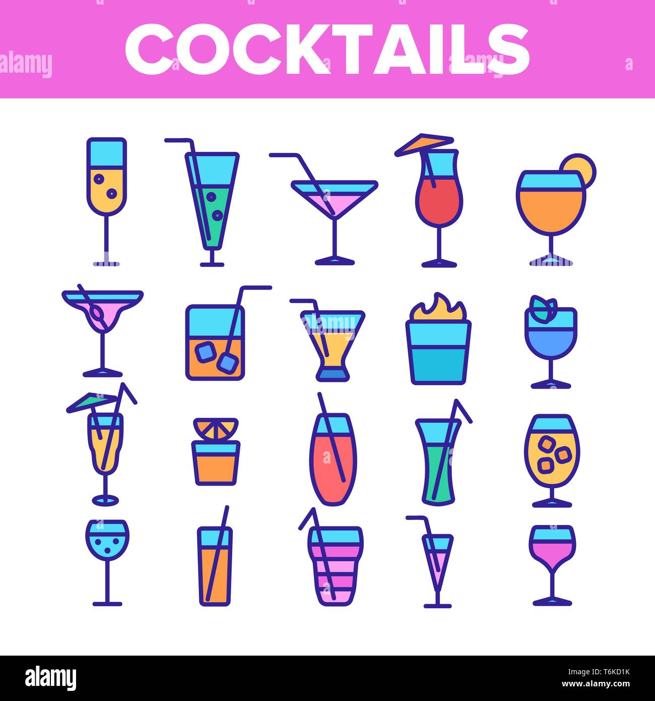 Cocktails, Alcohol and Soft Drinks Linear Icons Set Stock Vector Image ...