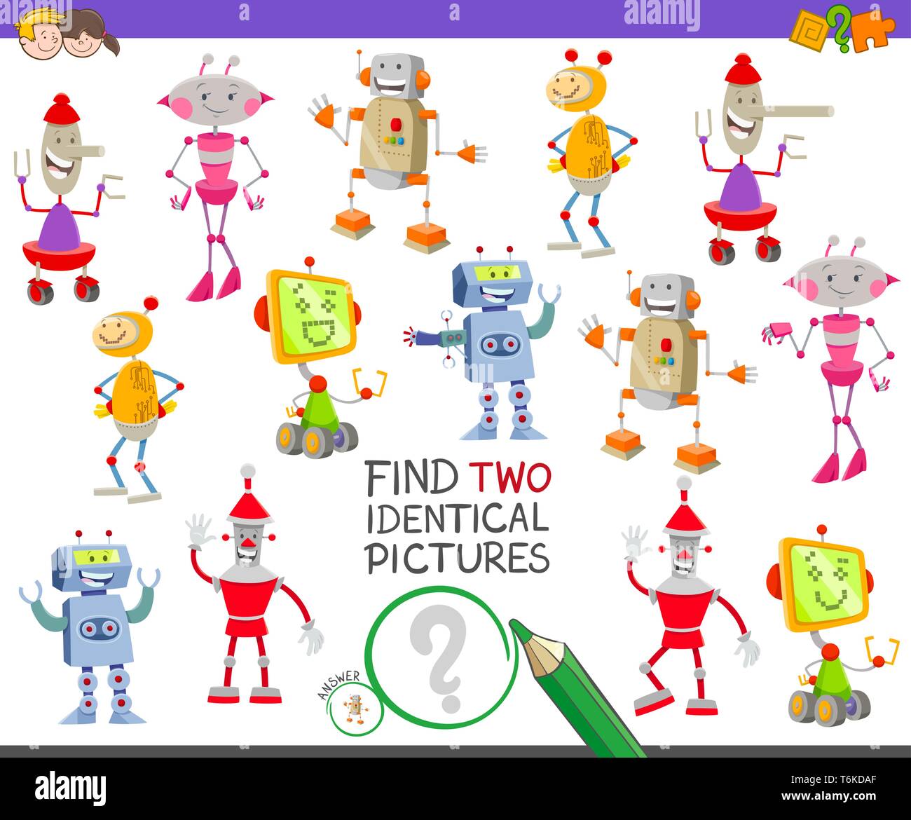 Cartoon Illustration of Finding Two Identical Pictures Educational Game ...