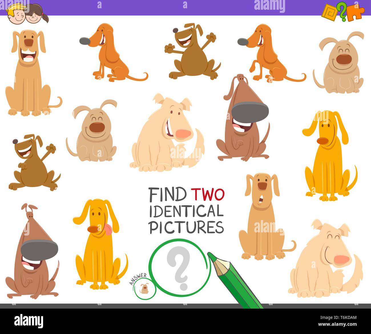 Cartoon Illustration of Finding Two Identical Pictures Educational Game ...