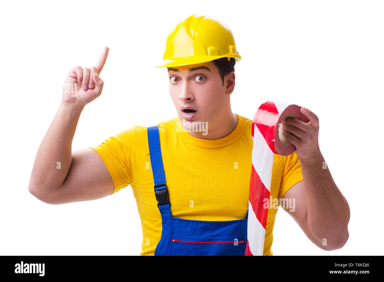 Funny worker wearing coveralls with tape Stock Photo - Alamy
