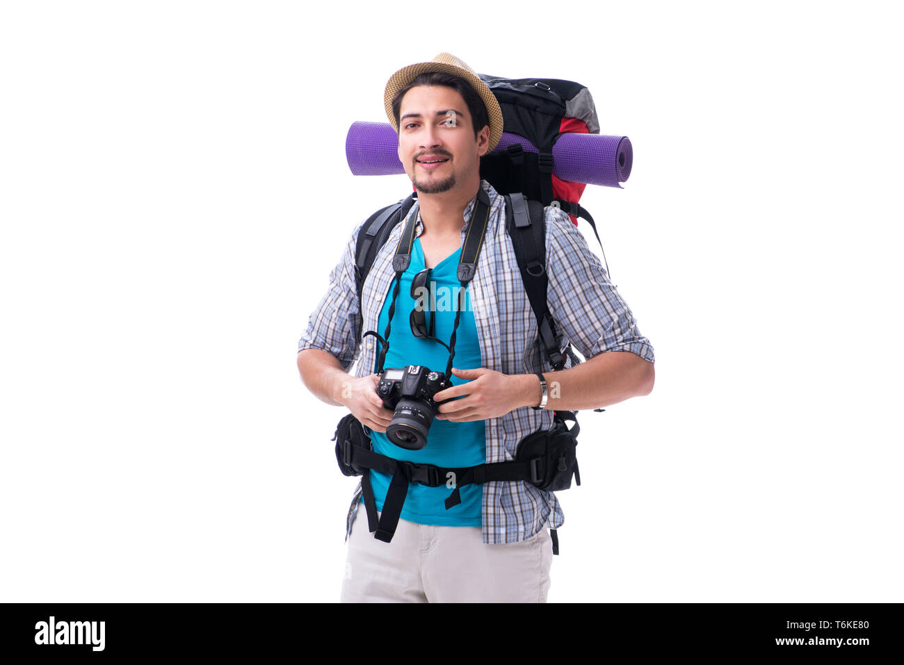 The backpacker with camera isolated on white background Stock Photo - Alamy