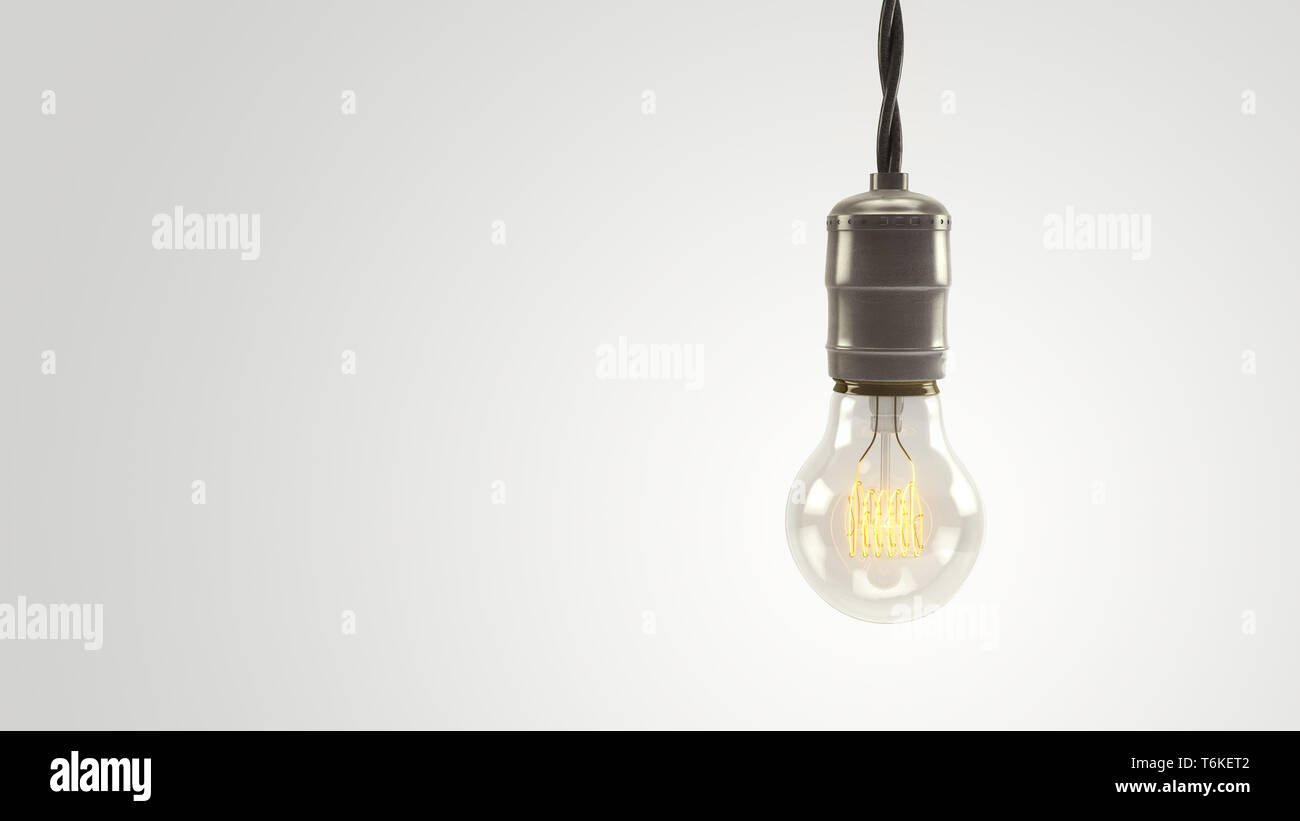 Illuminated 3D rendered vintage lightbulb over a bright white ...