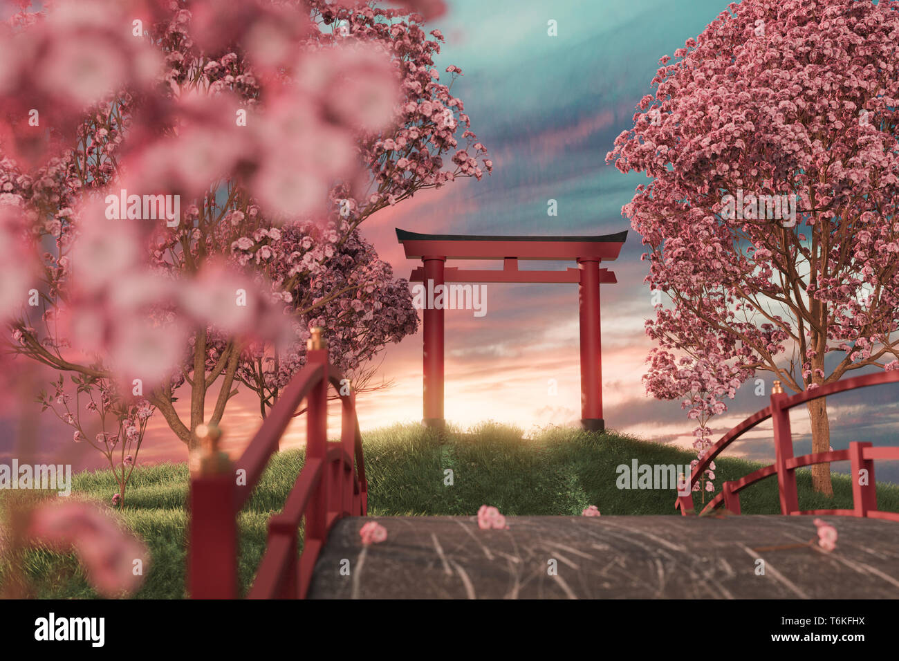 3d rendering of japanese shinto shrine surrounden by japanese cherry ...