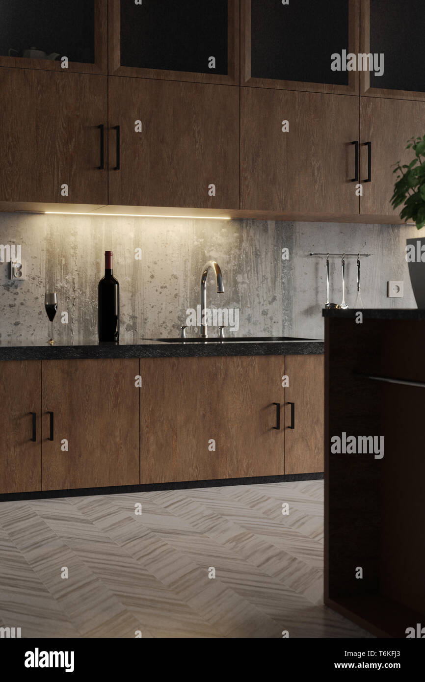 close up of 3d rendering of modern kitchen with hardwood cabinets and ...