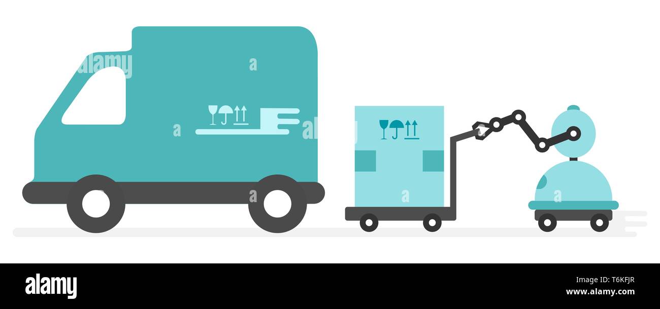 Vector illustration with robot loader loads boxes into a truck ...