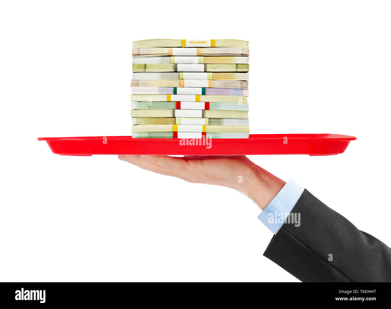Hand and tray with money Stock Photo - Alamy