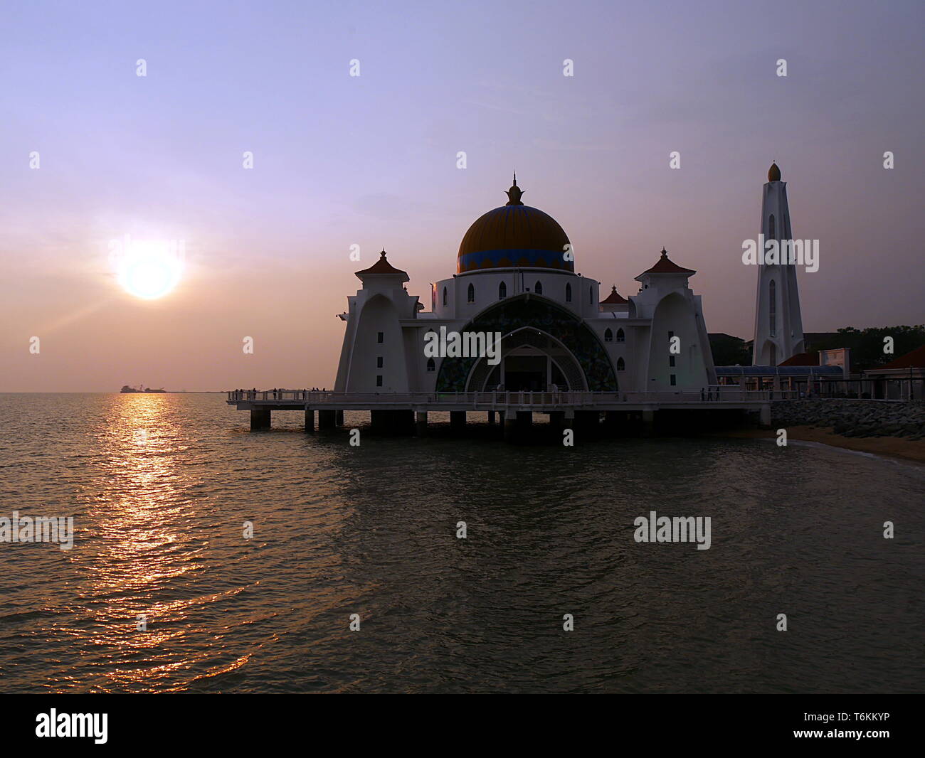 At sunset, Melaka Straits Mosque, known as the Floating Mosque, in ...