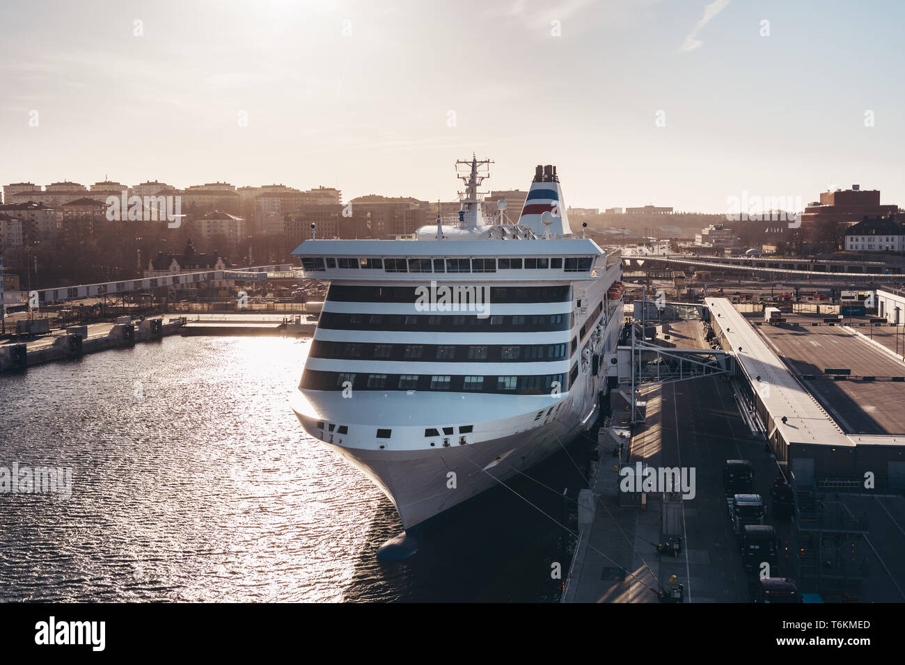 Editorial 03.29.2019 Stockholm Sweden. Sunset and passengers boarding ...