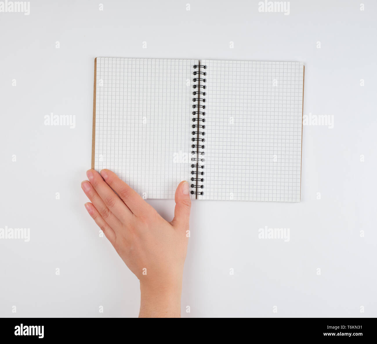 empty open notebook in a cell and a female hand, white background, top ...