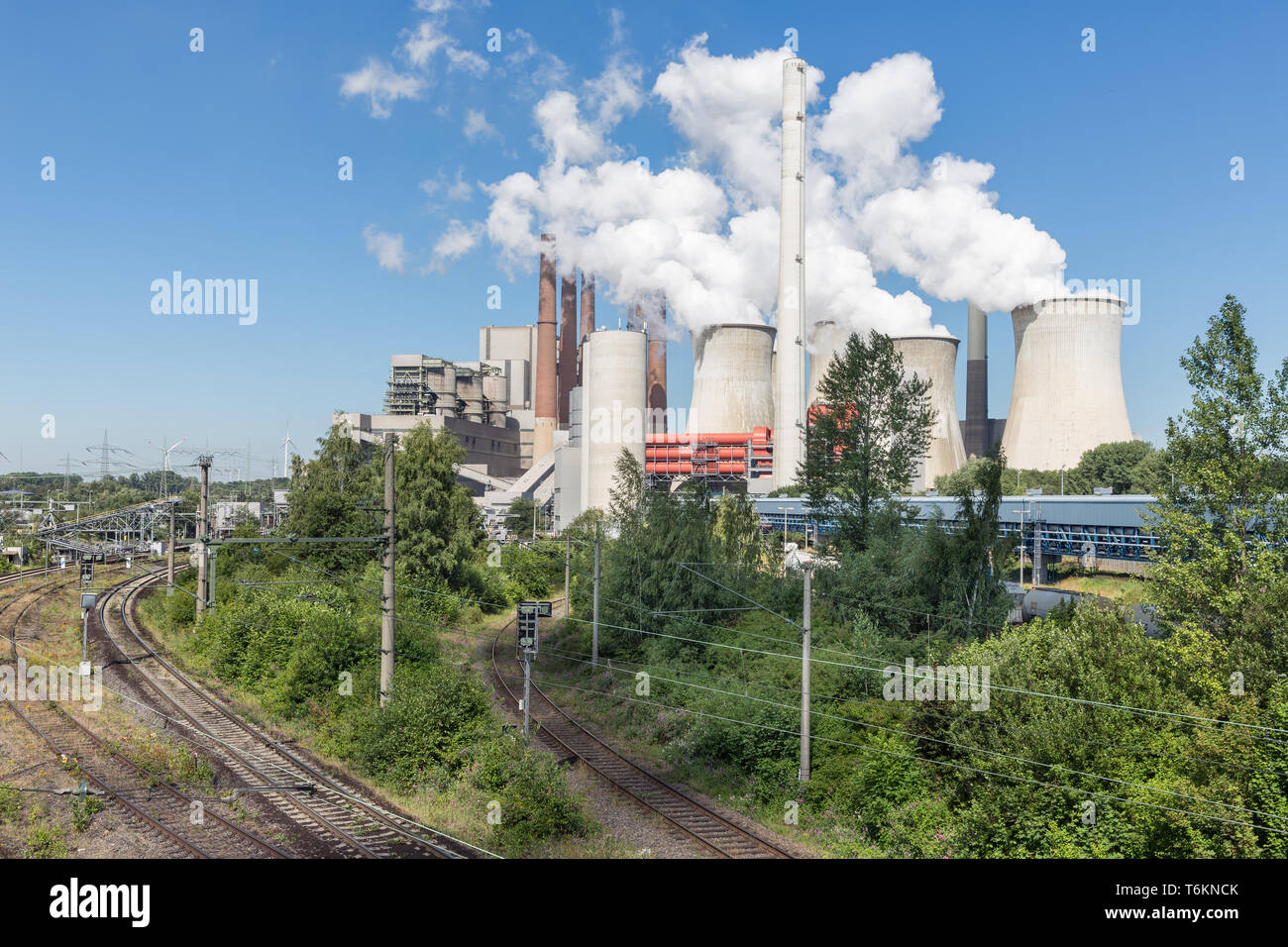 German Coal-fired power plant with railroad tracks near Garzweiler mine ...