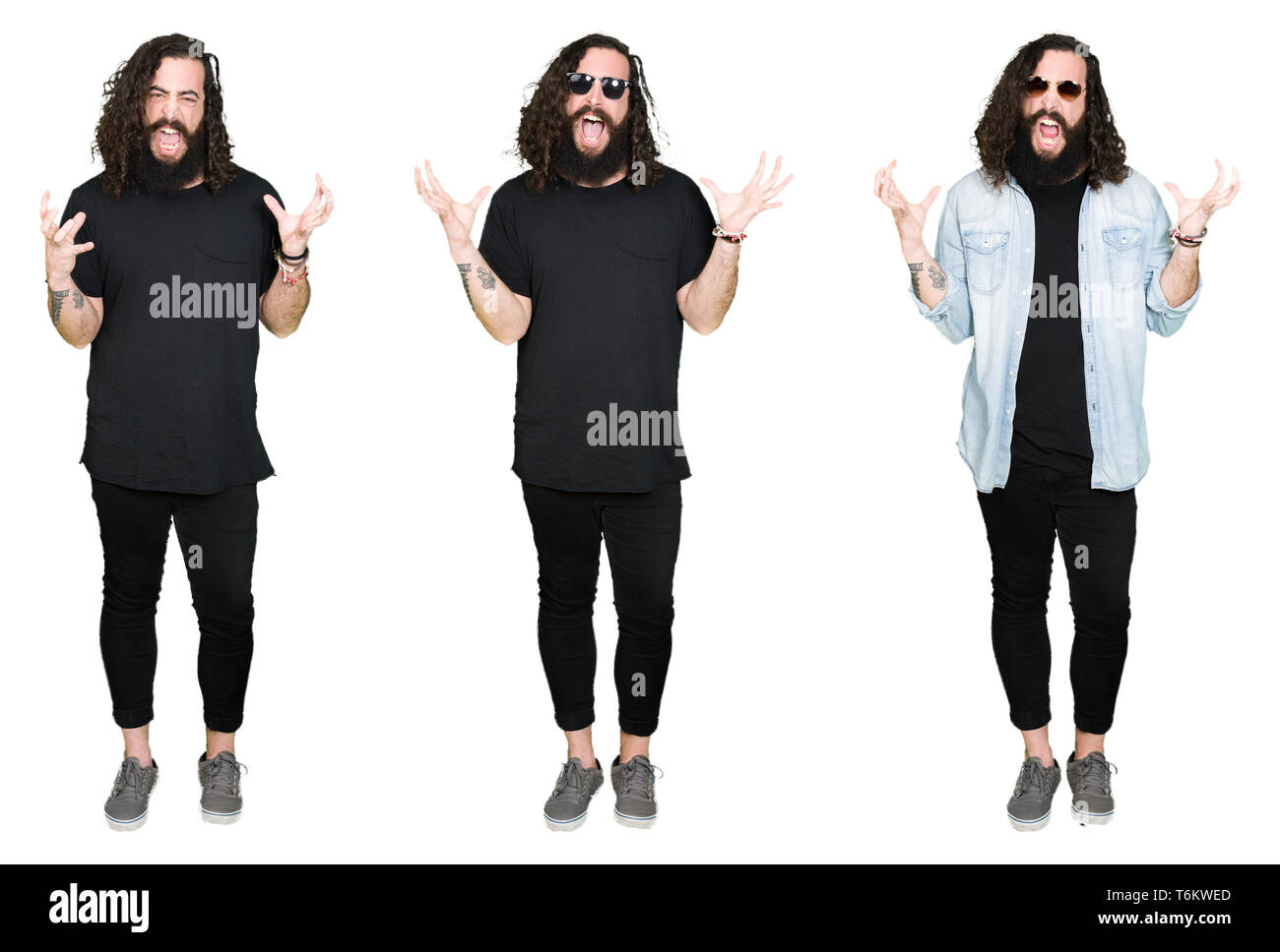 Collage of young man with beard and long hair over white isolated ...
