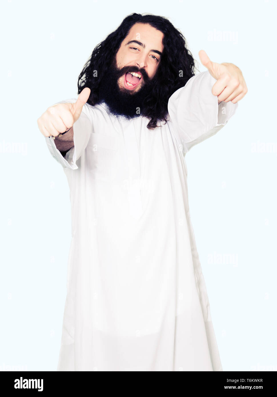 Man wearing Jesus Christ costume approving doing positive gesture with ...