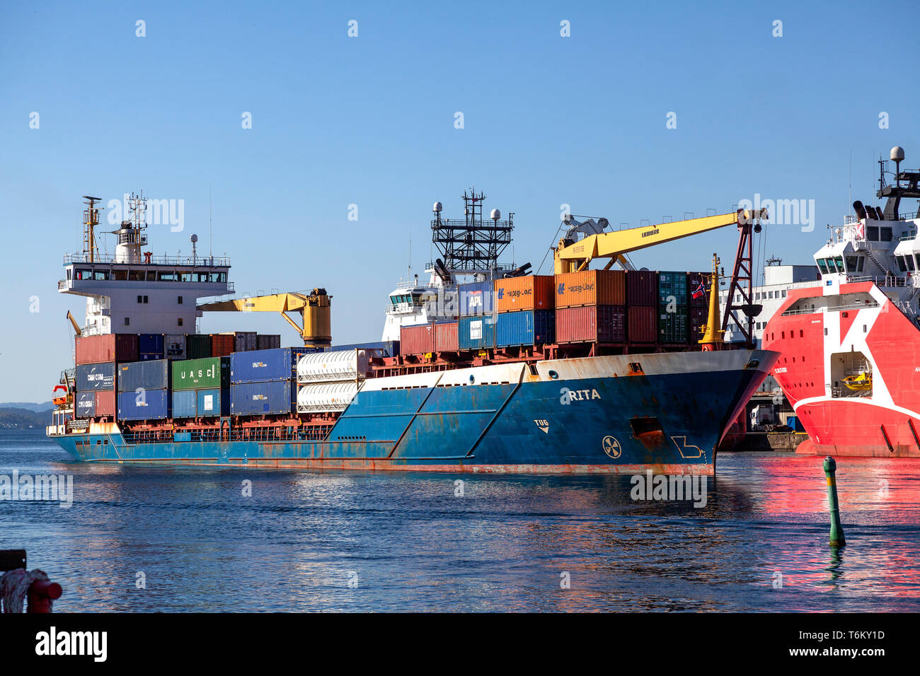 General cargo and container vessel Rita departing from Dokken terminal ...