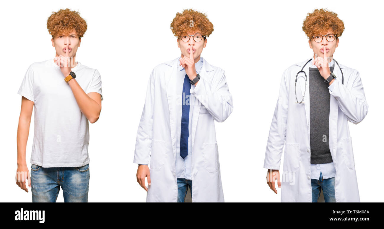 Collage of young doctor man wearing medical coat over isolated white ...