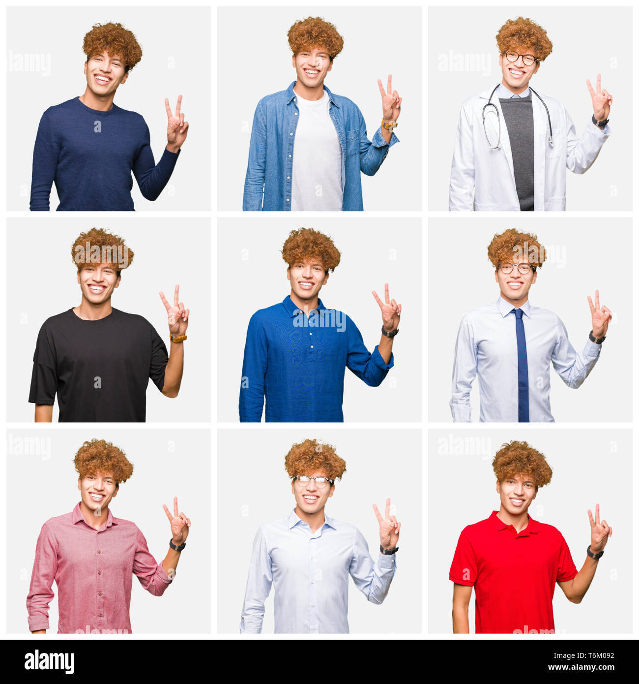 Collage of young man wearing different looks over isolated white ...