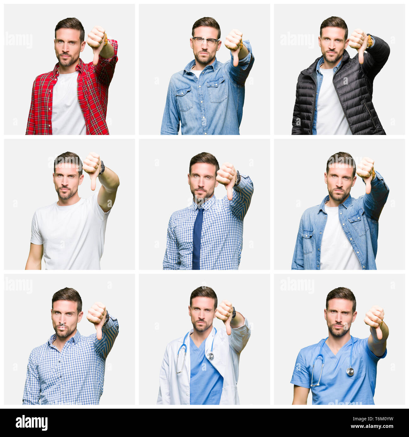 Collage of attractive young man over white isolated background looking ...