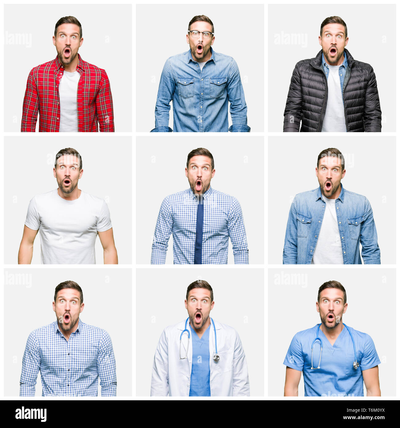 Collage of attractive young man over white isolated background afraid ...
