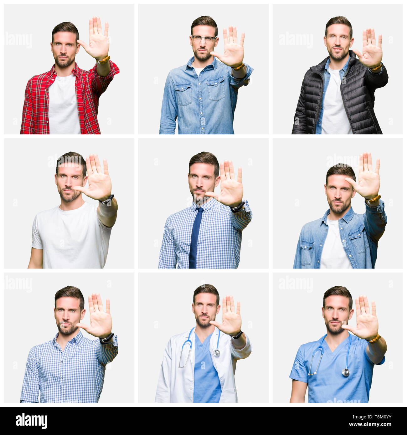 Collage of attractive young man over white isolated background doing ...
