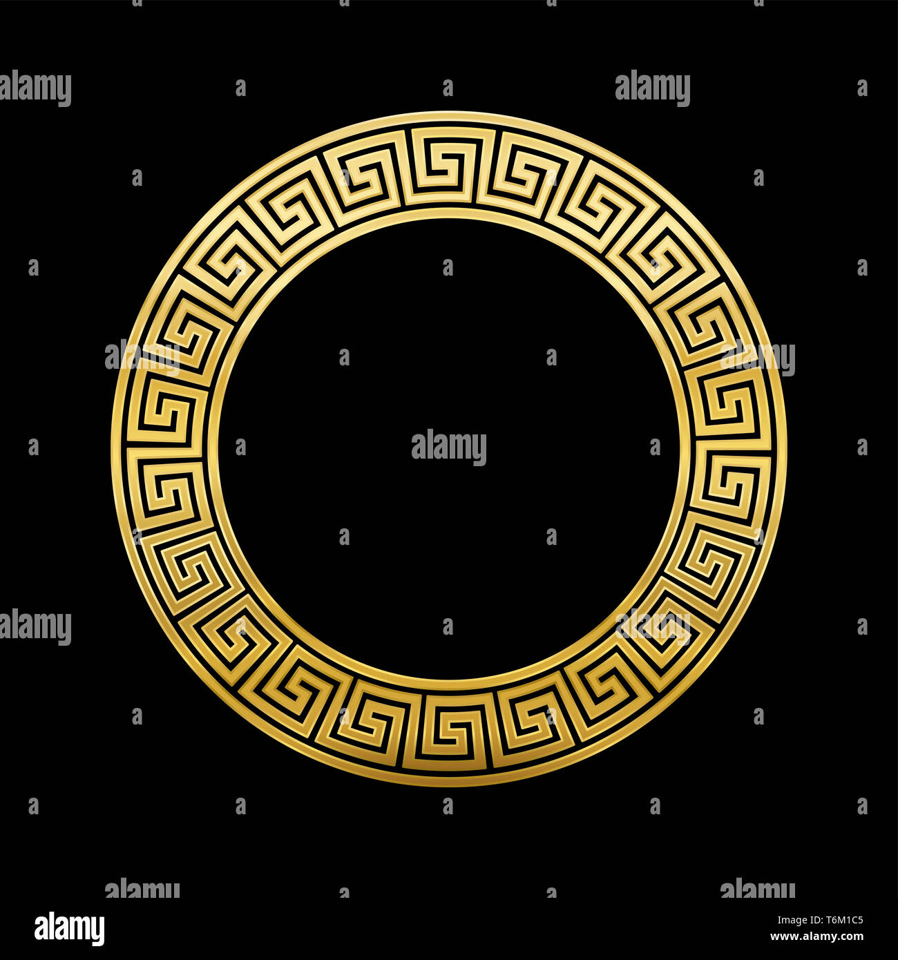 Meander circle, golden frame with seamless pattern design on black ...