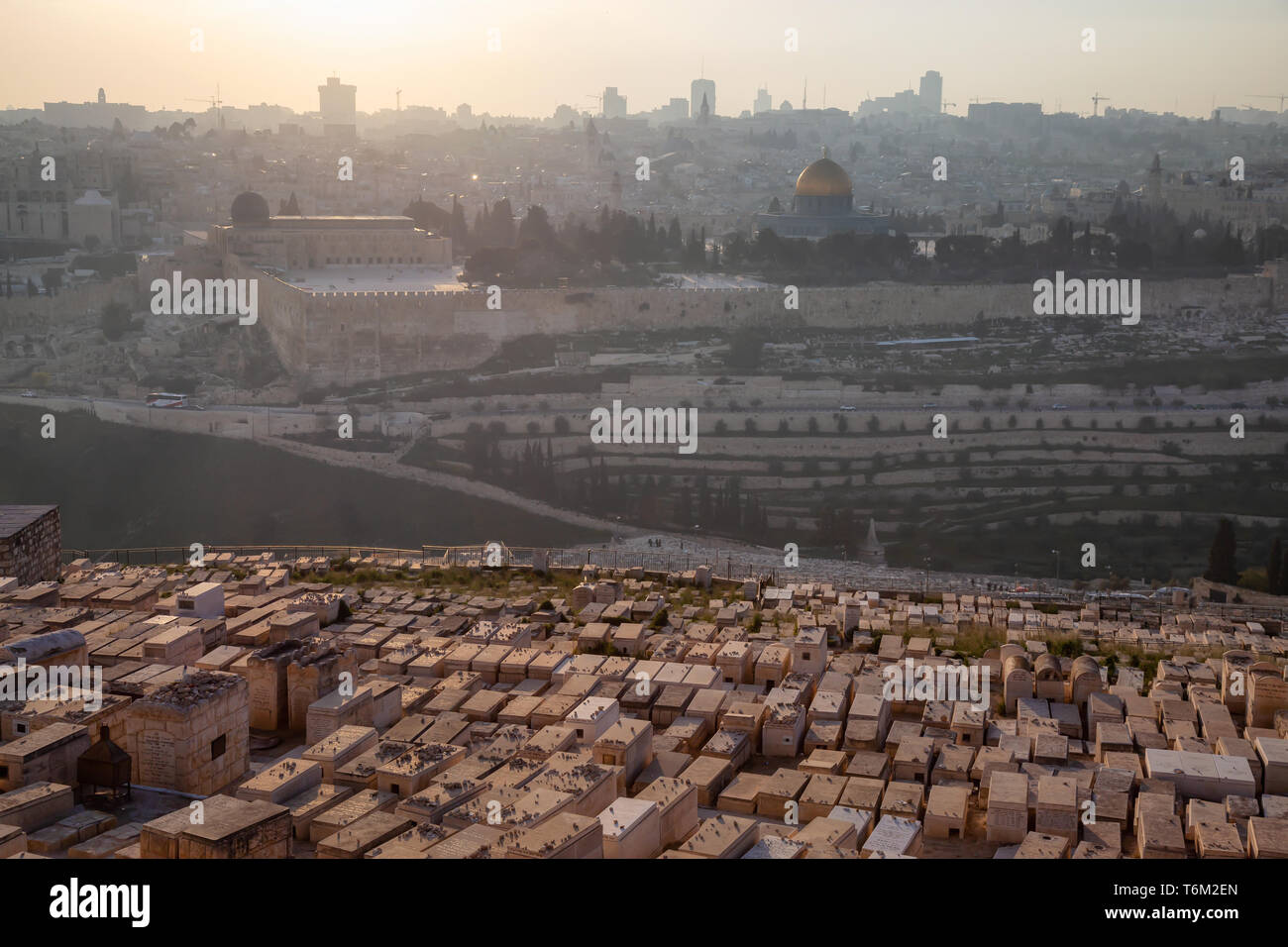 Beautiful aerial view of the Old City, Tomb of the Prophets and Dome of ...