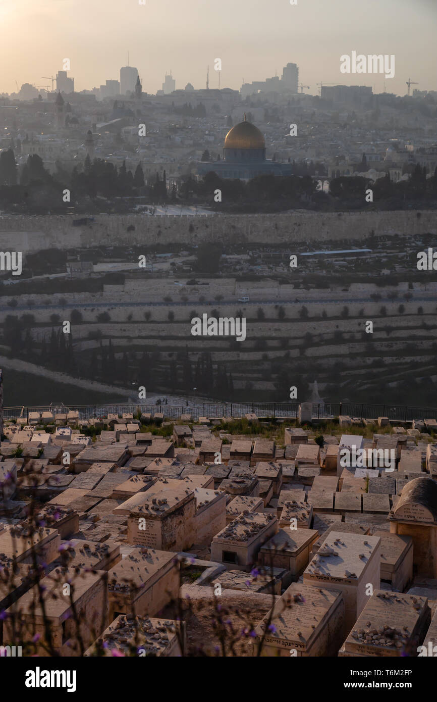 Beautiful aerial view of the Old City, Tomb of the Prophets and Dome of ...