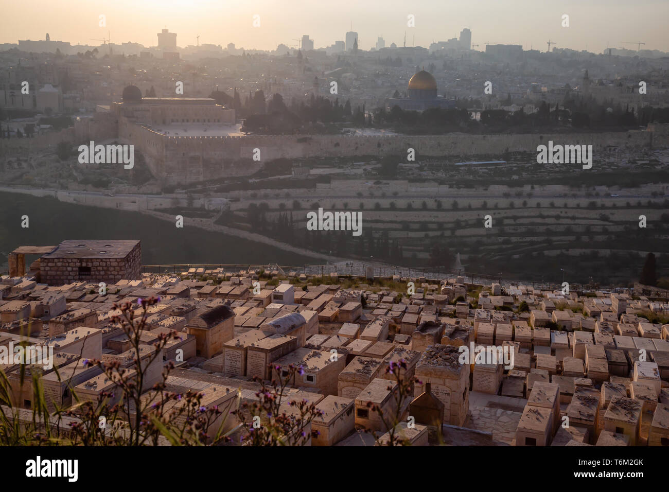 Beautiful aerial view of the Old City, Tomb of the Prophets and Dome of ...