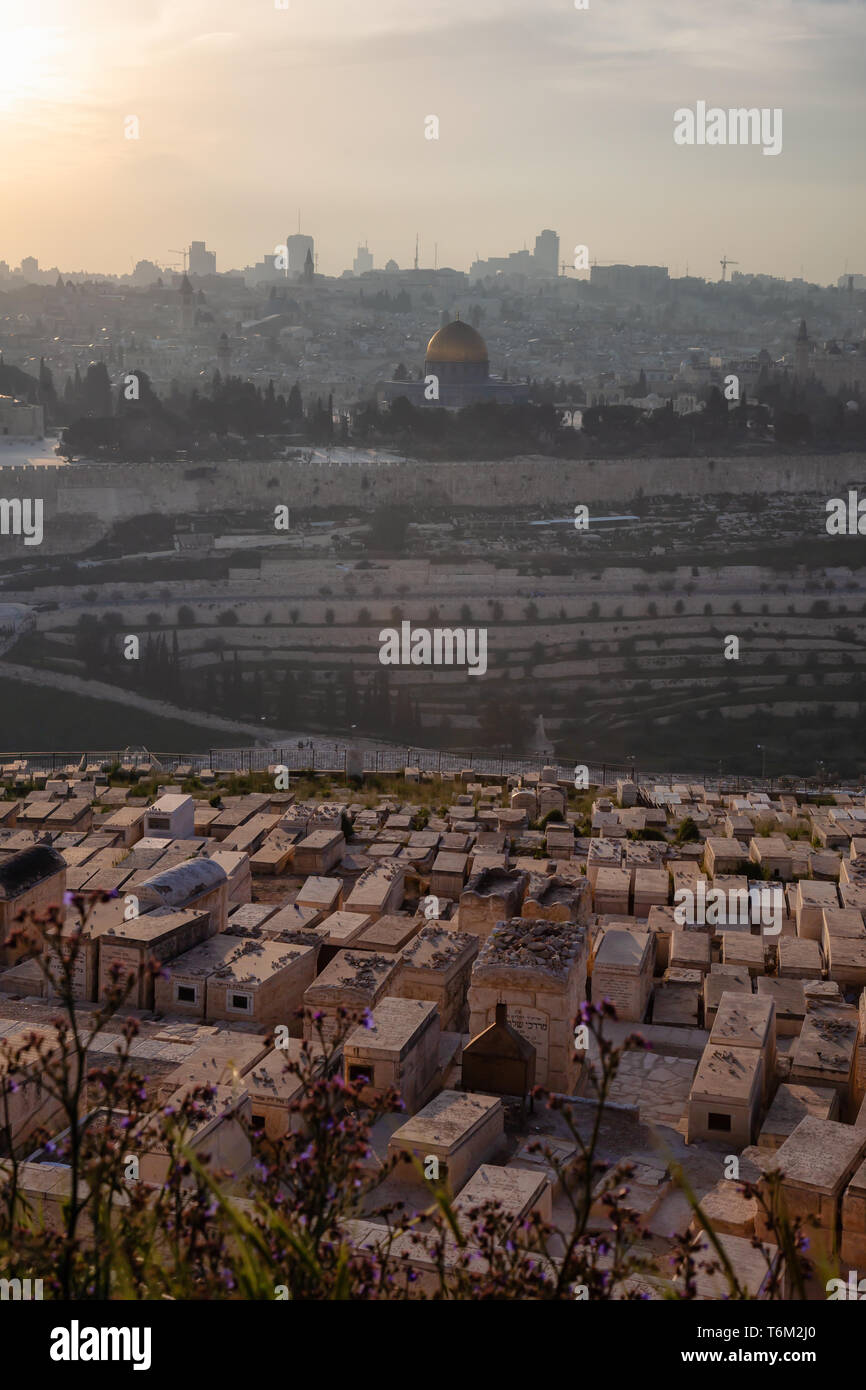Beautiful aerial view of the Old City, Tomb of the Prophets and Dome of ...