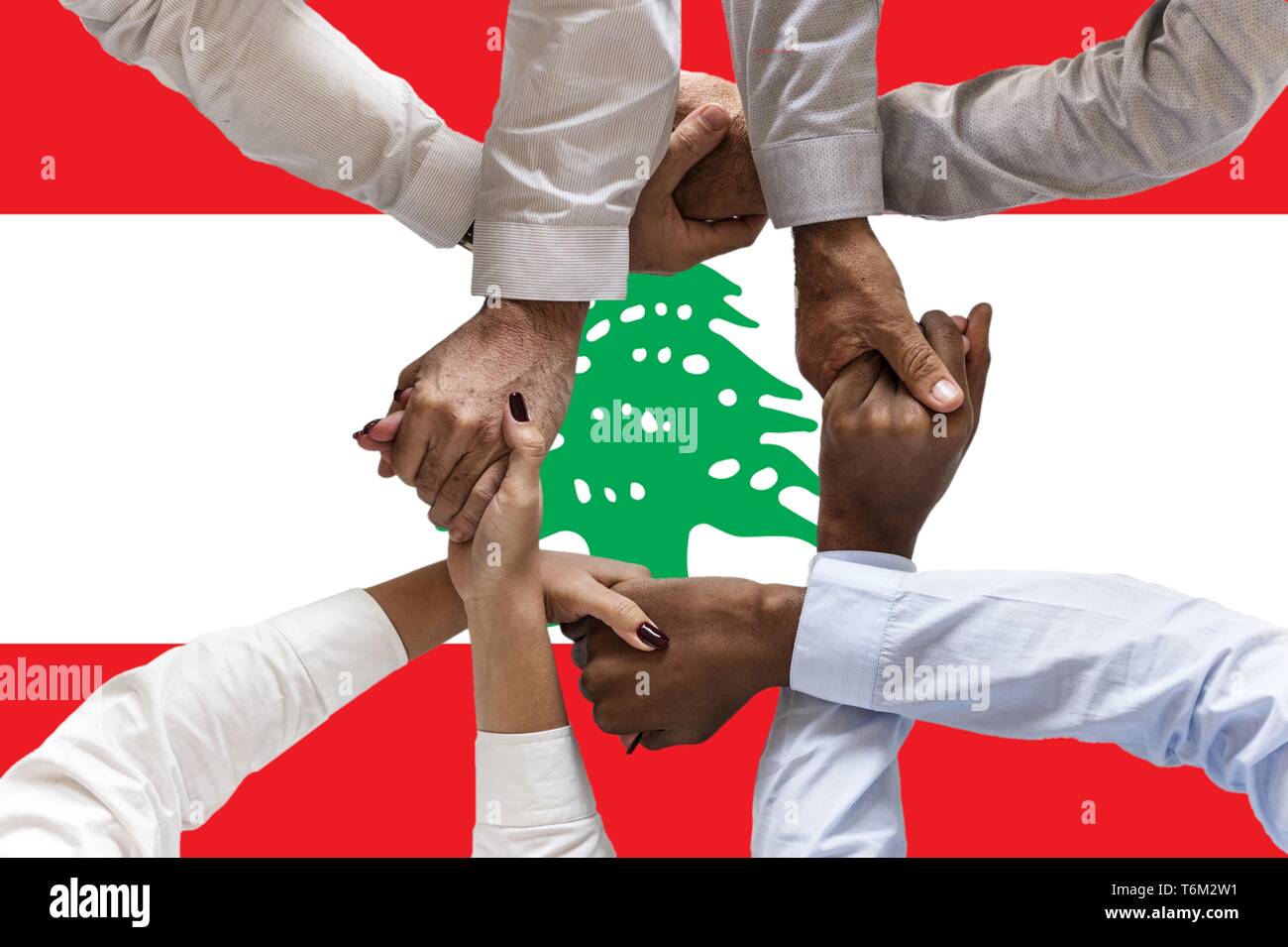 Flag of Lebanon, intergration of a multicultural group of young people ...