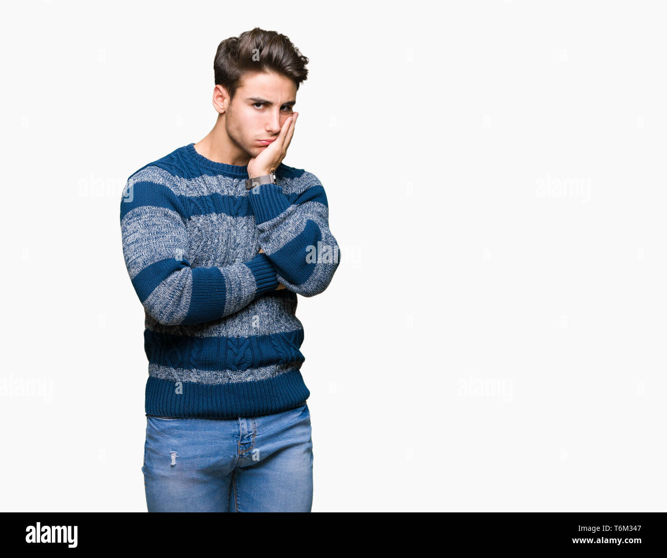 Young handsome man over isolated background thinking looking tired and ...