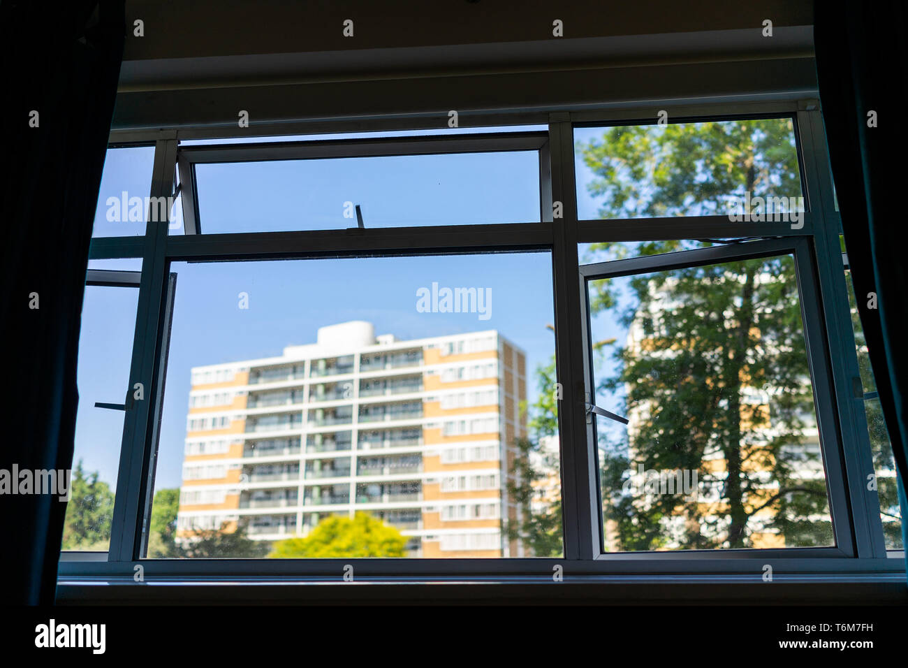 London, UK window from flat with view of Churchill Gardens neighborhood ...