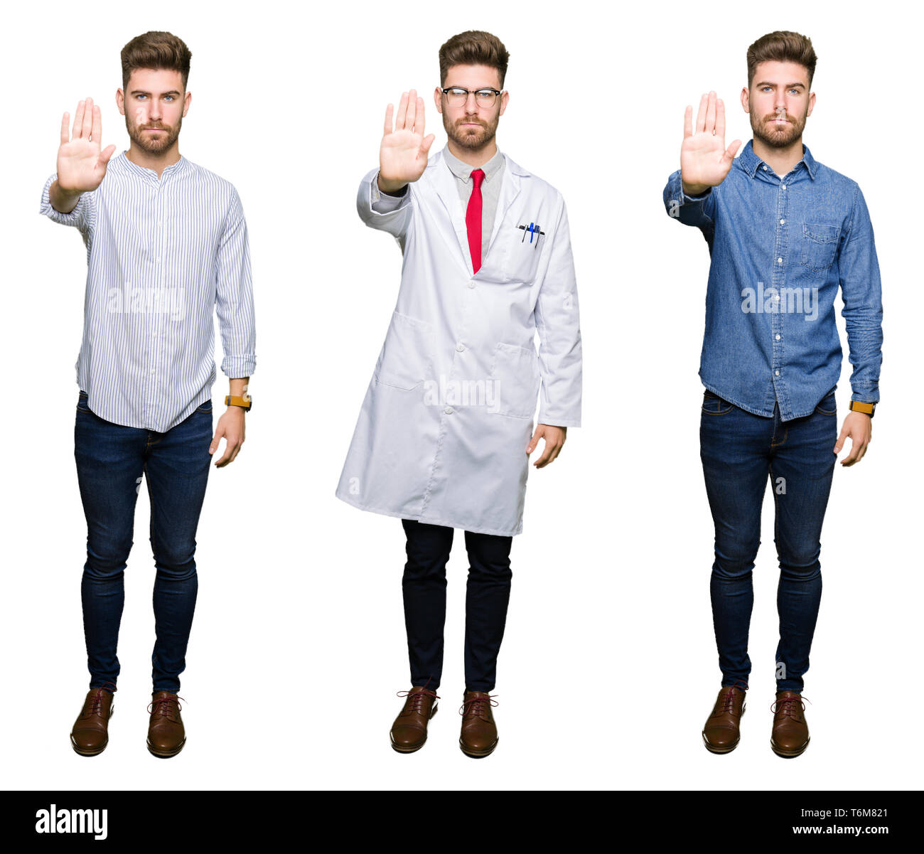 Collage of handsome young professional man over white isolated ...