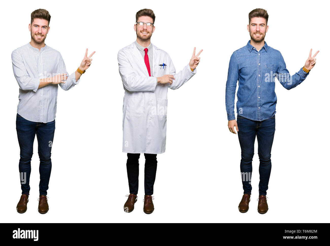 Collage of handsome young professional man over white isolated ...