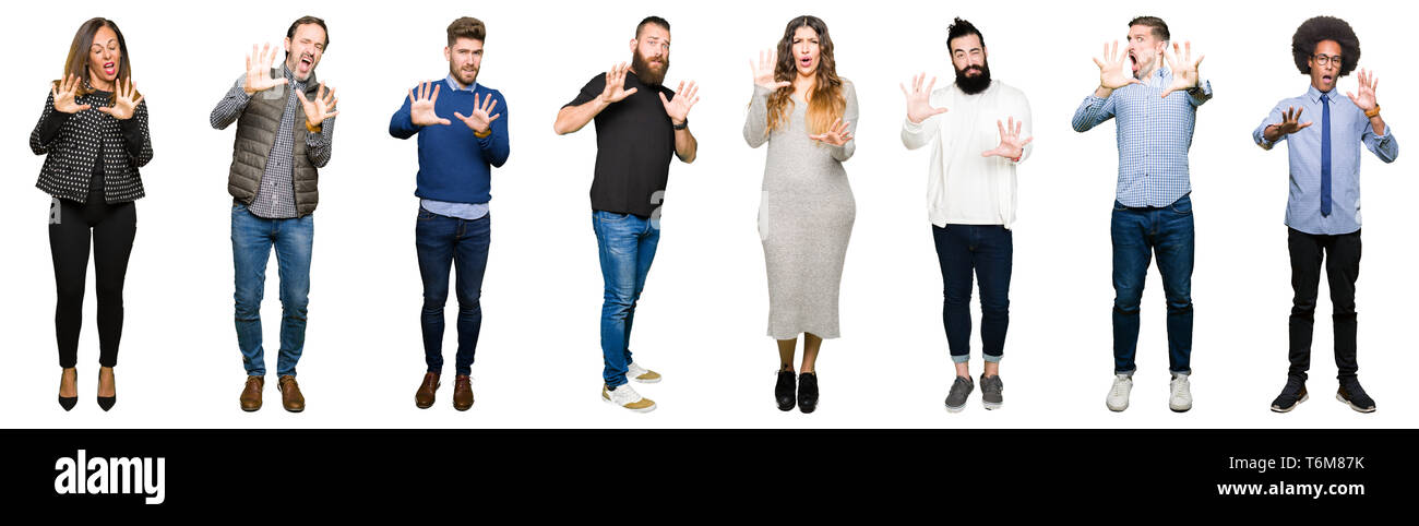 Collage of people over white isolated background afraid and terrified ...