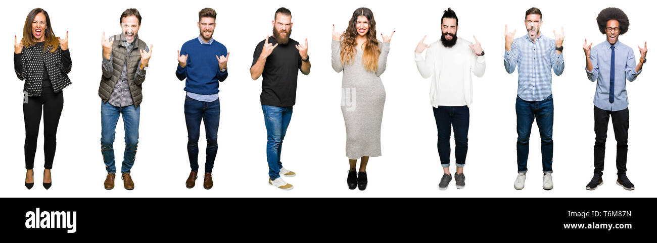 Collage of people over white isolated background shouting with crazy ...