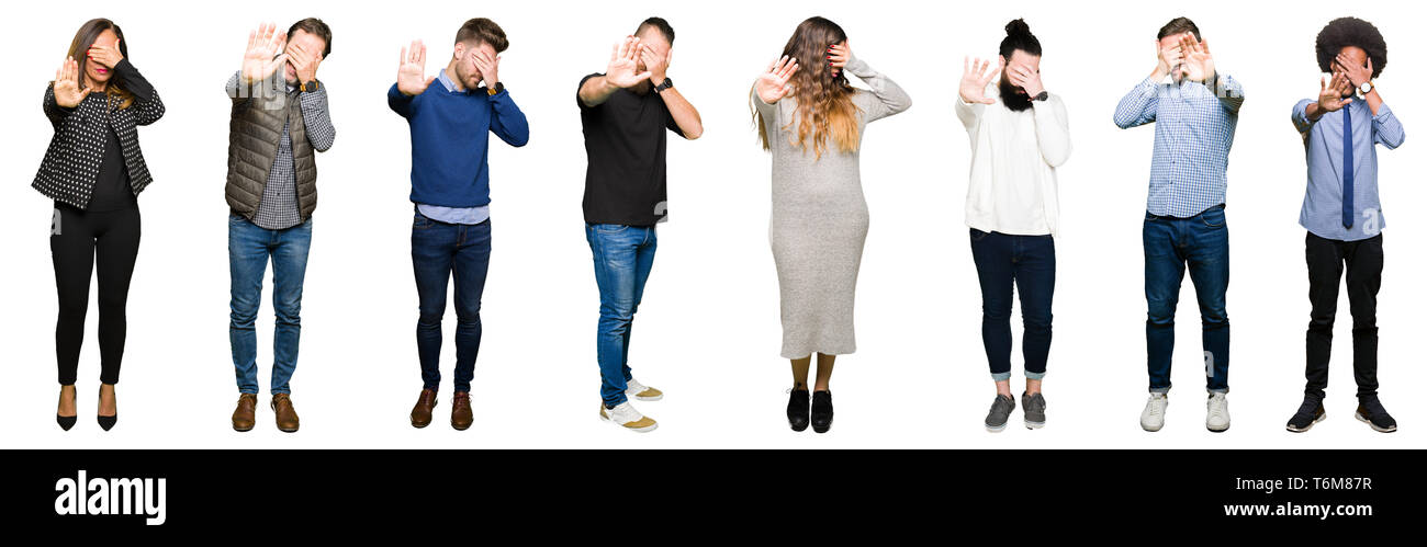 Collage of people over white isolated background covering eyes with ...