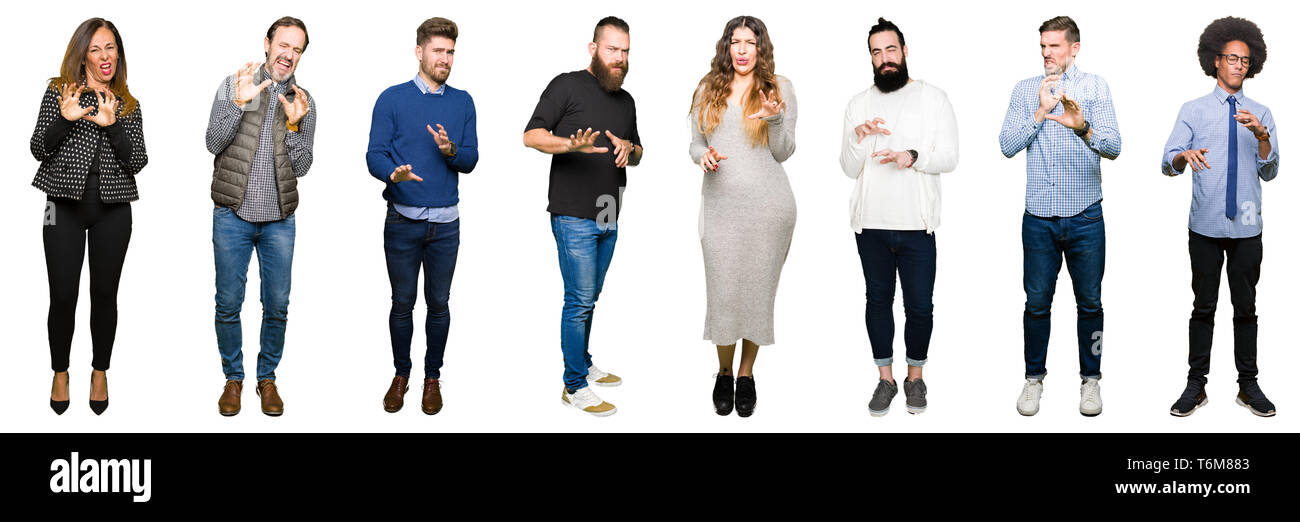 Collage of people over white isolated background disgusted expression ...