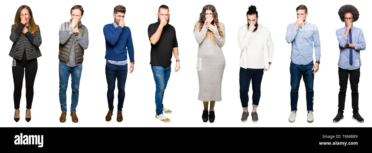 Collage of people over white isolated background smelling something ...