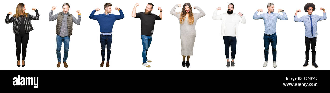 Collage of people over white isolated background showing arms muscles ...