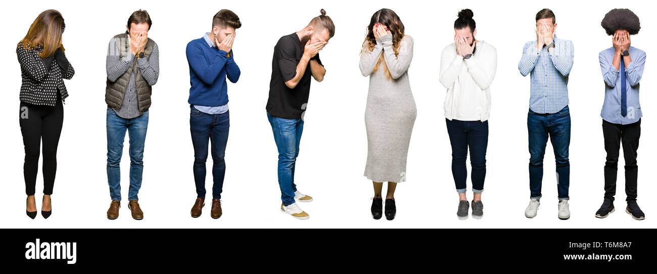 Collage of people over white isolated background with sad expression ...