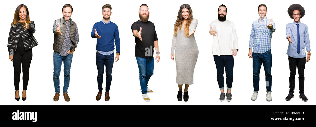 Collage of people over white isolated background smiling friendly ...