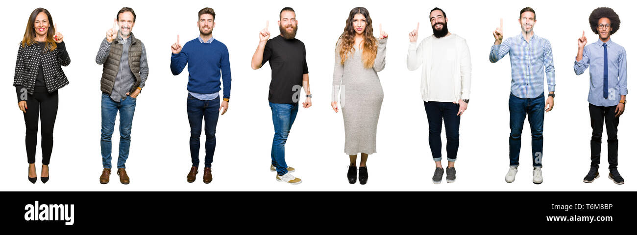 Collage of people over white isolated background showing and pointing ...