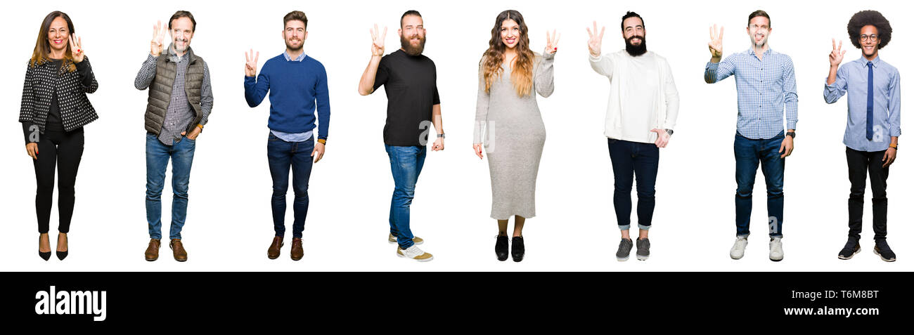 Collage of people over white isolated background showing and pointing ...