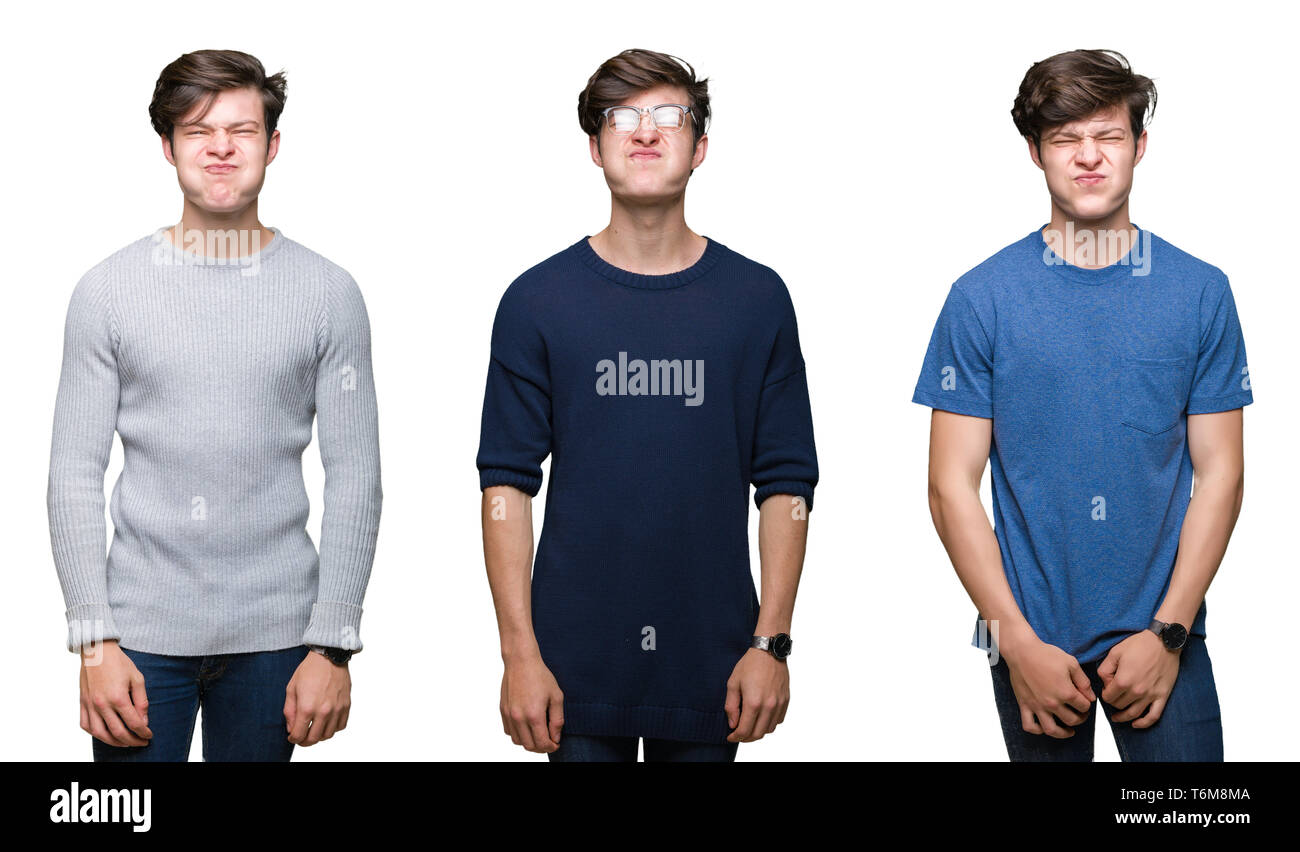 Collage of young man over white isolated background puffing cheeks with ...