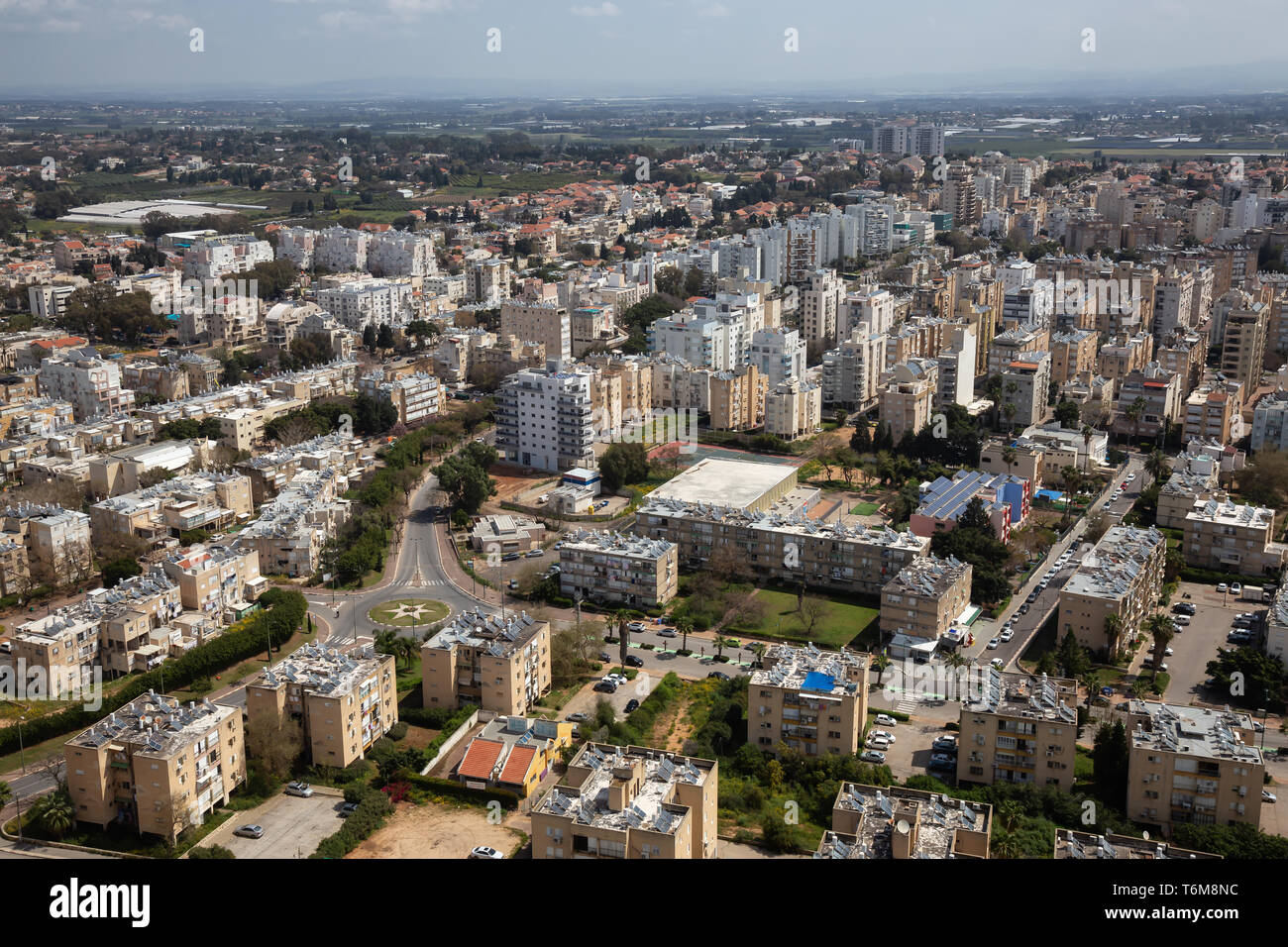 Aerial view of a residential neighborhood in a city during a cloudy and ...