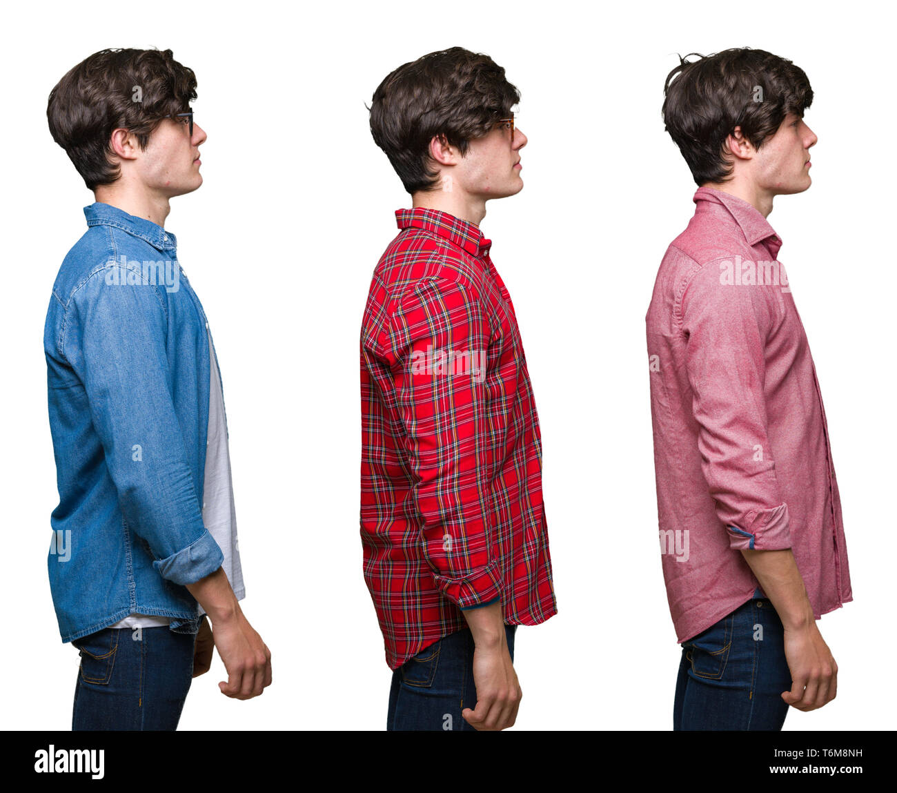 Collage of young man over white isolated background looking to side ...