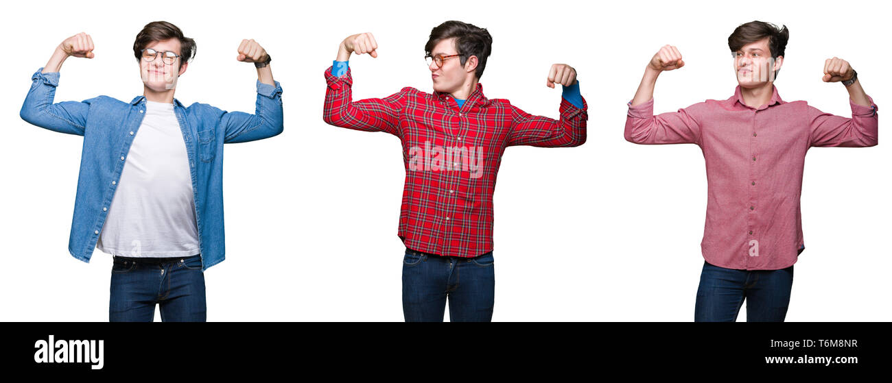 Collage of young man over white isolated background showing arms ...