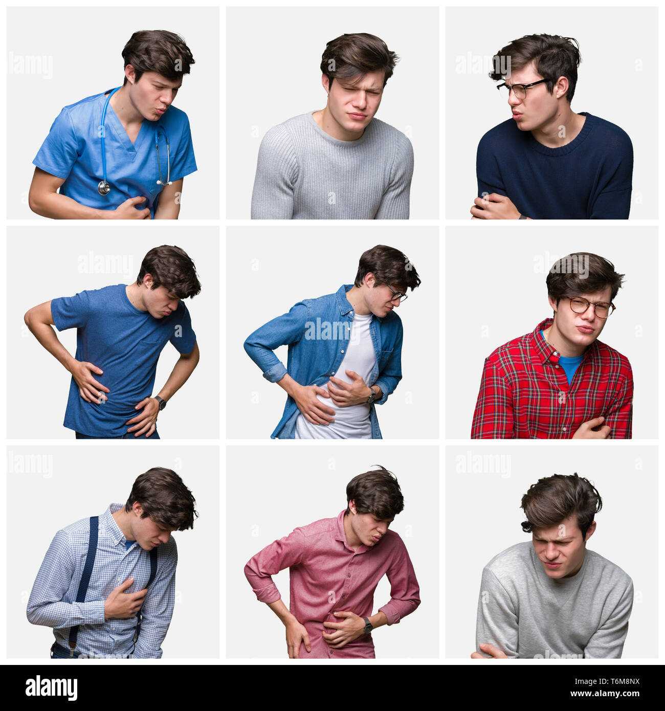 Collage of young man over white isolated background with hand on ...