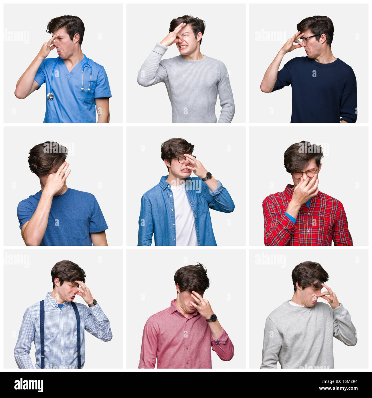 Collage of young man over white isolated background smelling something ...
