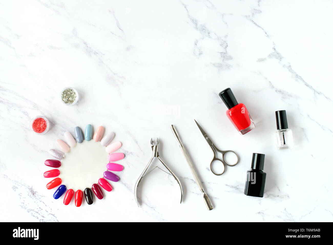 Set of various manicure and pedicure tools and accessories on white ...