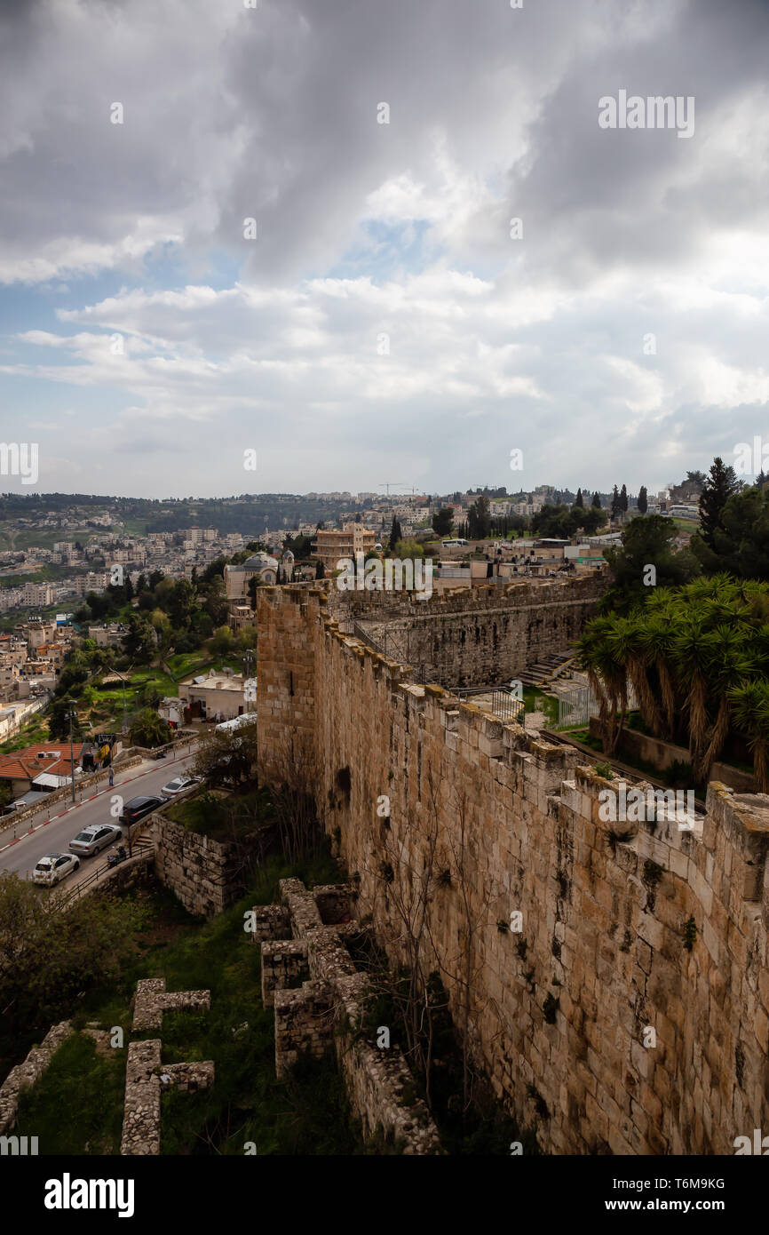 Beautiful view of the Walls of Jerusalem surrounding the Old City with ...